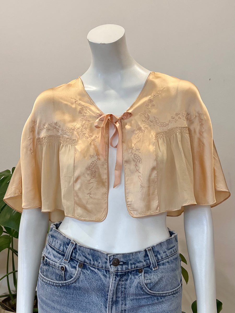vintage blush peach embroidered silk satin & chiffon capelet 30s – hong ...