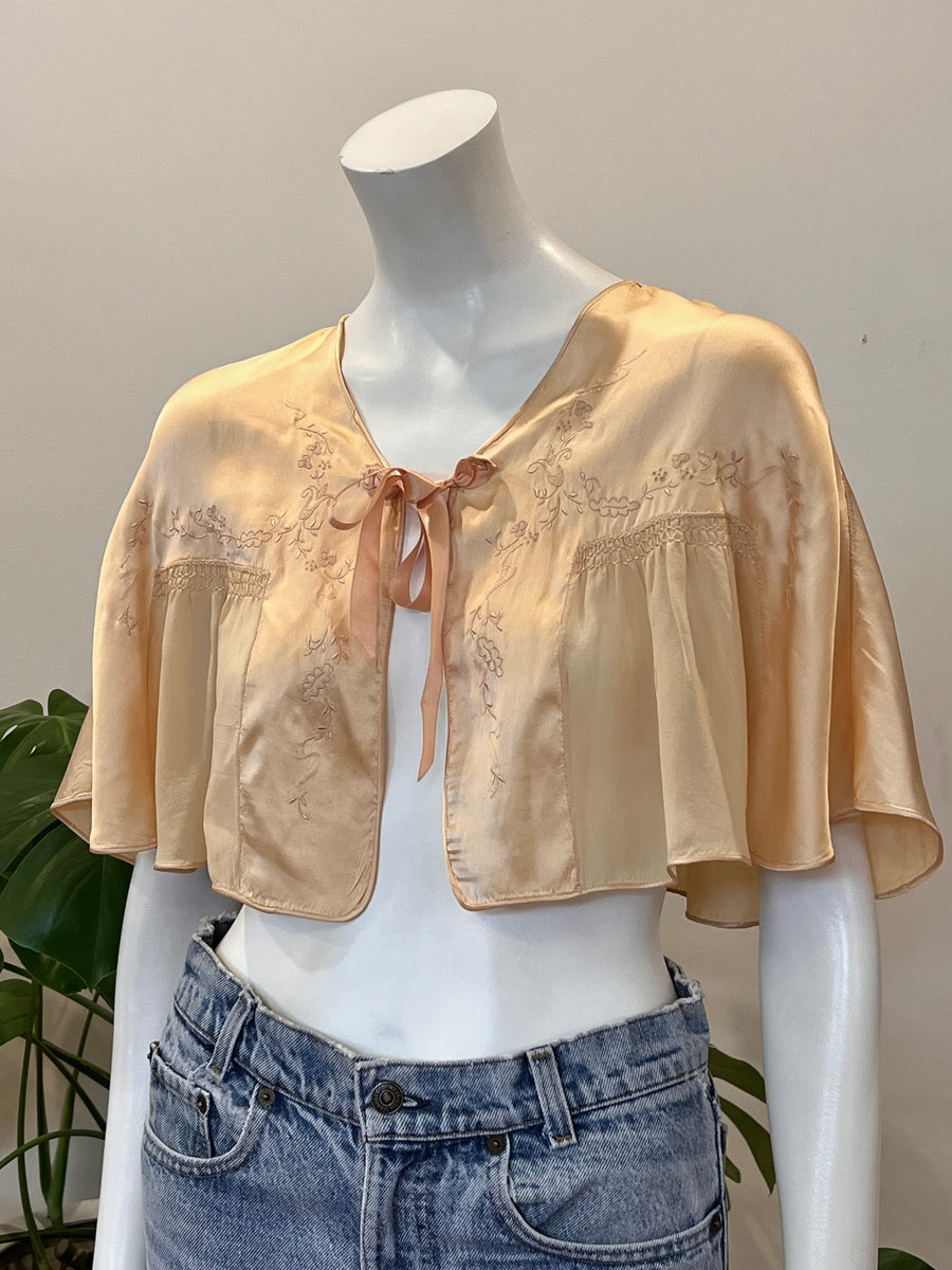 vintage blush peach embroidered silk satin & chiffon capelet 30s – hong ...