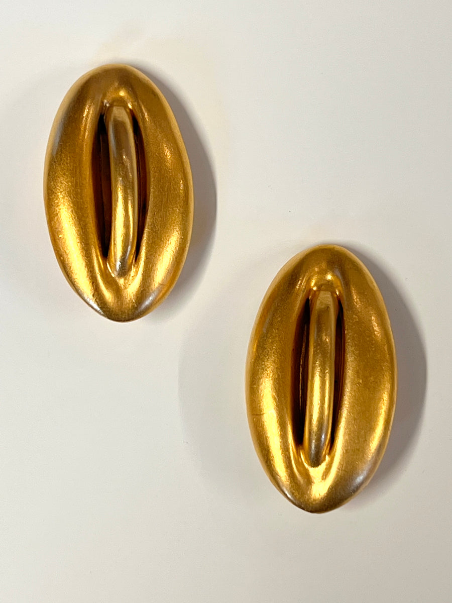 vintage modernist brushed brassy gold oblong button earrings 90s – hong ...