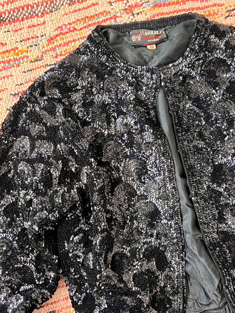 vintage Harilela’s black scallop sequined wool cropped cardigan 50s ...