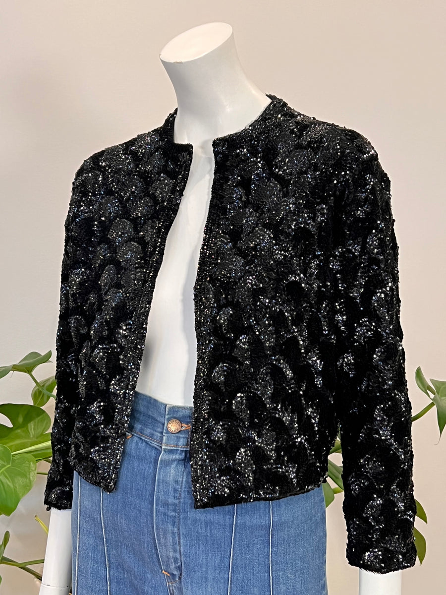 vintage Harilela’s black scallop sequined wool cropped cardigan 50s ...