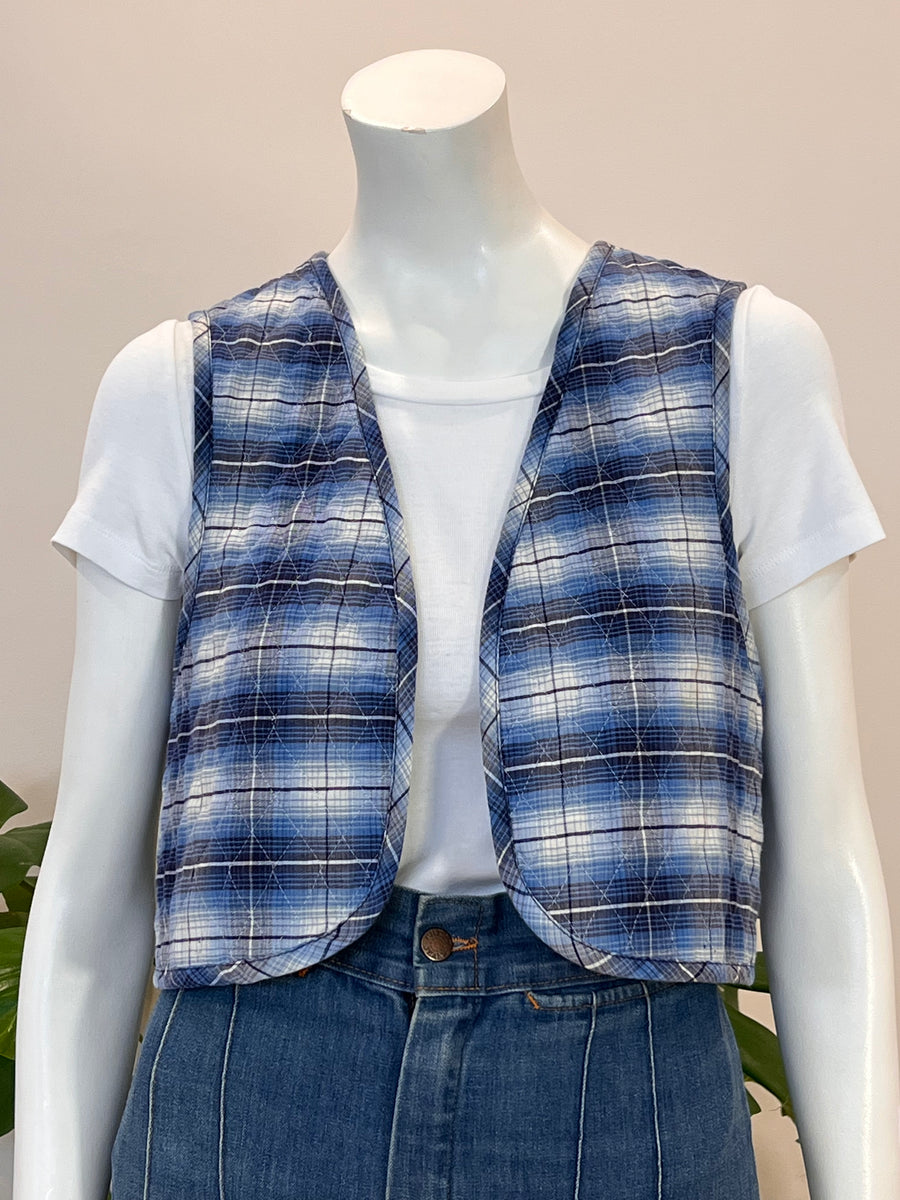 vintage cropped quilted blue plaid cotton vest 70s – hong kong vintage